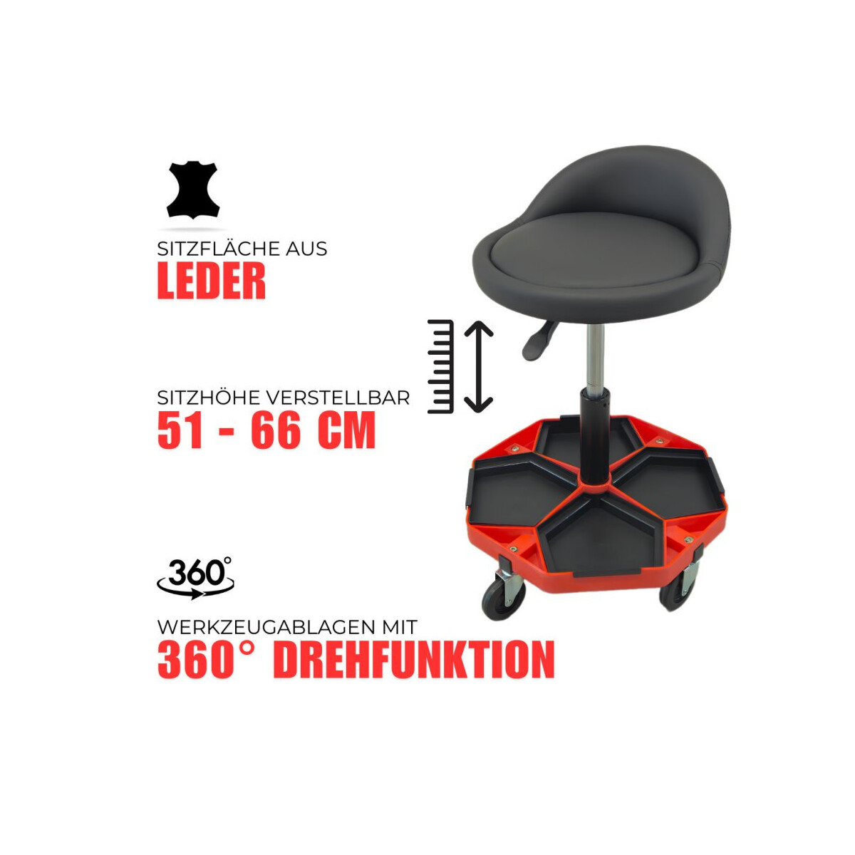 Höhenverstellbarer Rollhocker mit drehbaren Werkzeugablagen und Leder ...